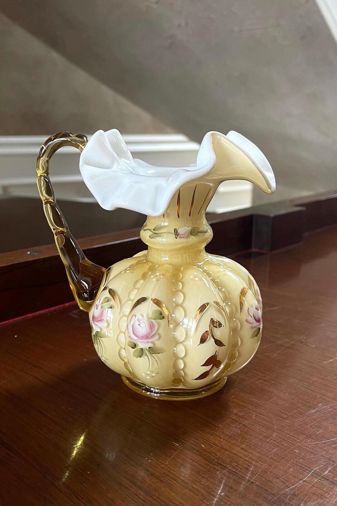 Fenton Hand Painted Glass 2002 Charleton Rose Collection Beaded Melon ...