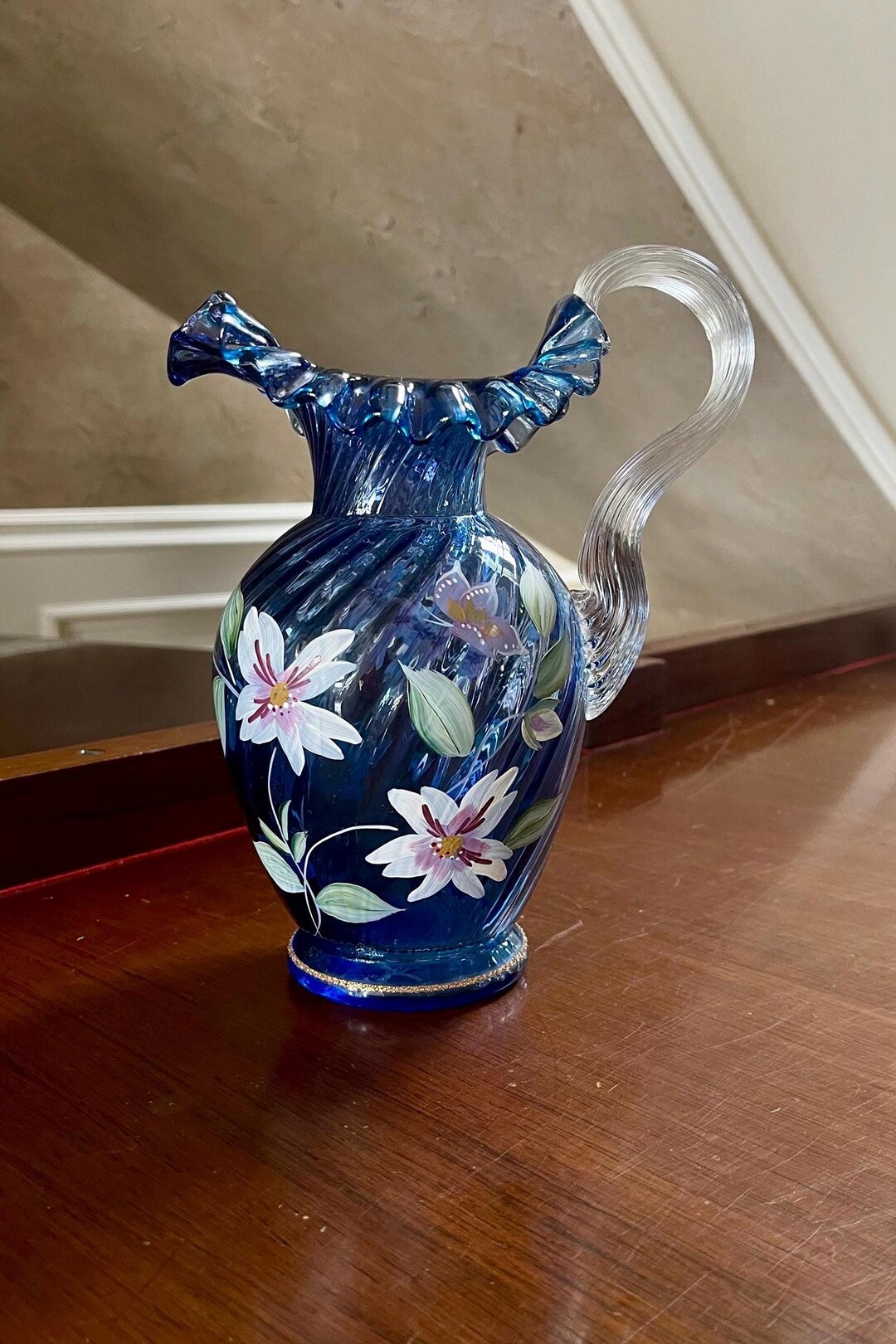 Fenton Glass Mulberry Spiral Optic Hand Painted Butterfly Pitcher - Etsy
