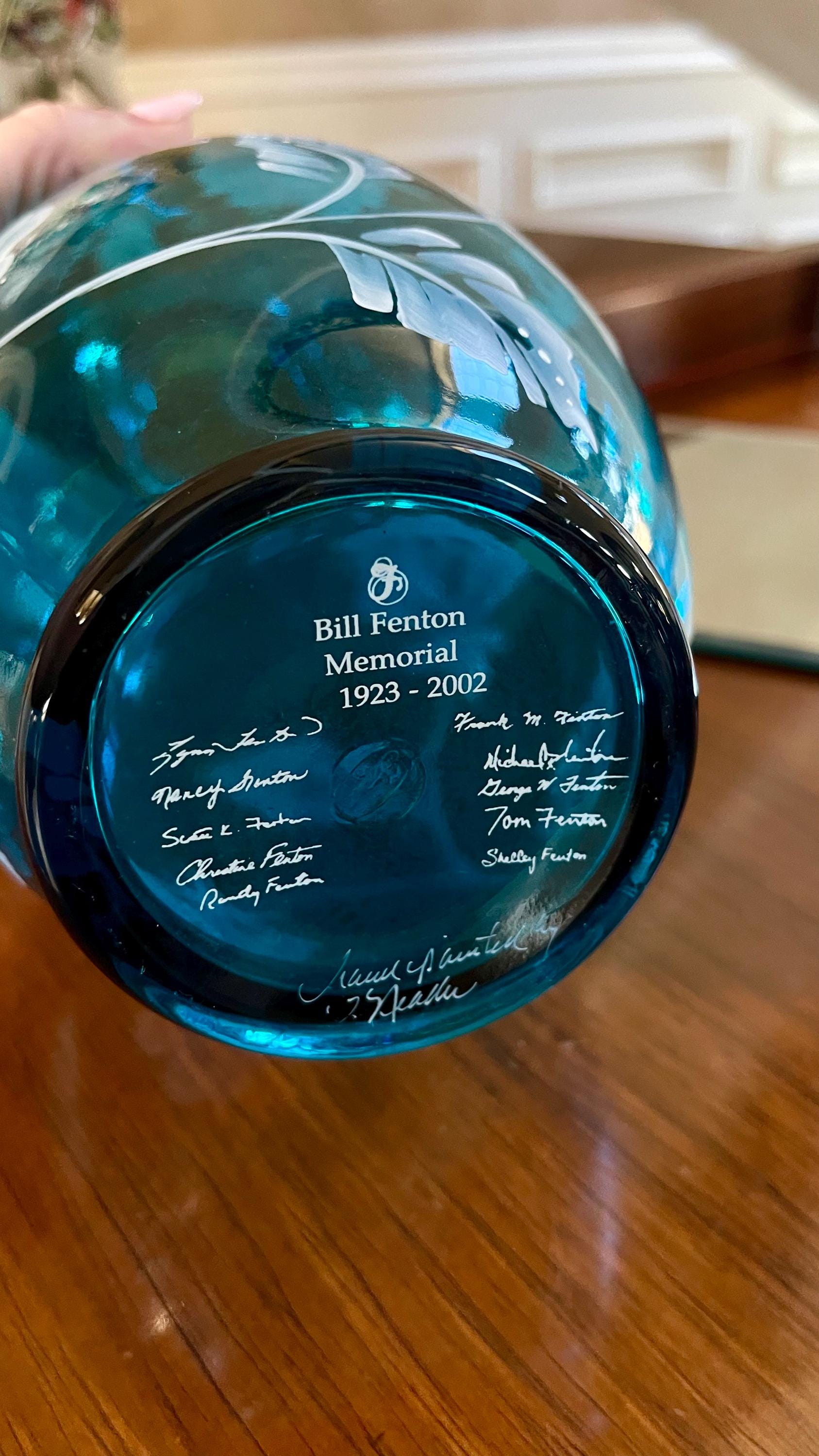Bill Fenton Memorial Vase 1923-2002; Fenton Art Glass Turquoise Blue ...