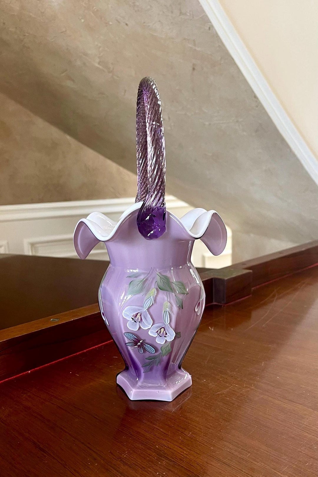 Outstanding Fenton Purple Cased Glass 10.5” Hand Painted Dragonfly ...