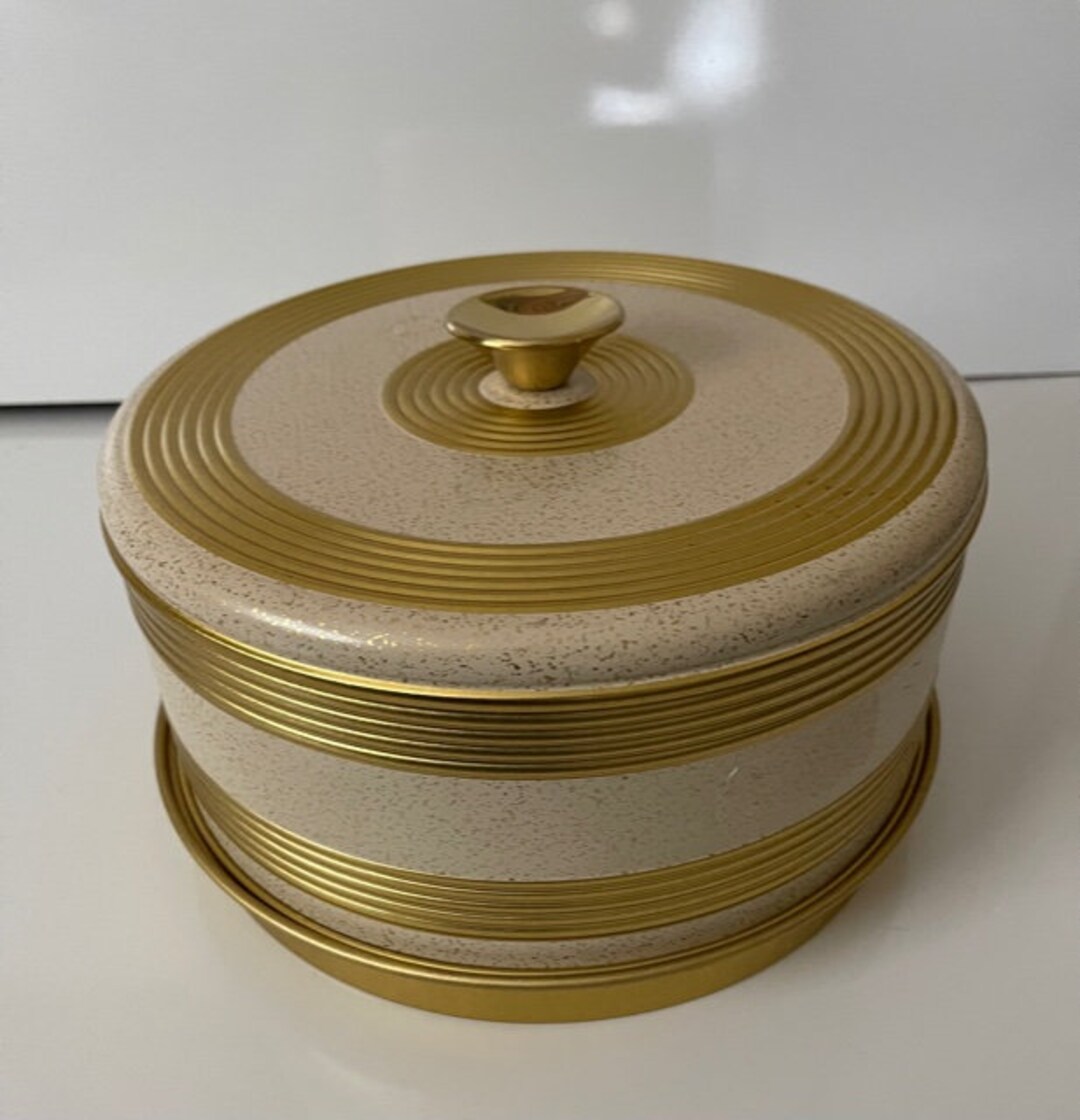 Gold and White Guildcraft Tin, 9 1/2" Vintage Guildcraft Large Round ...