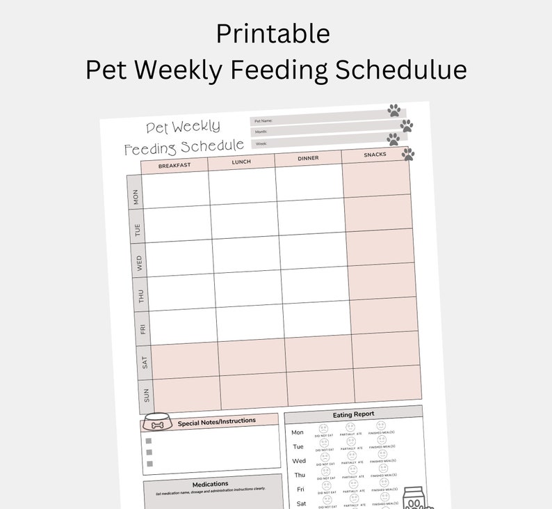 Printable Dog Feeding Schedule for Pet Owners, Weekly, Meal Tracker ...