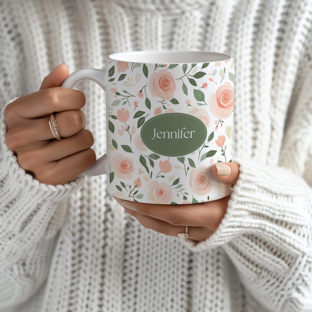 Personalized Name Mug - Peach Peonies Roses | Custom Coffee Cup ...