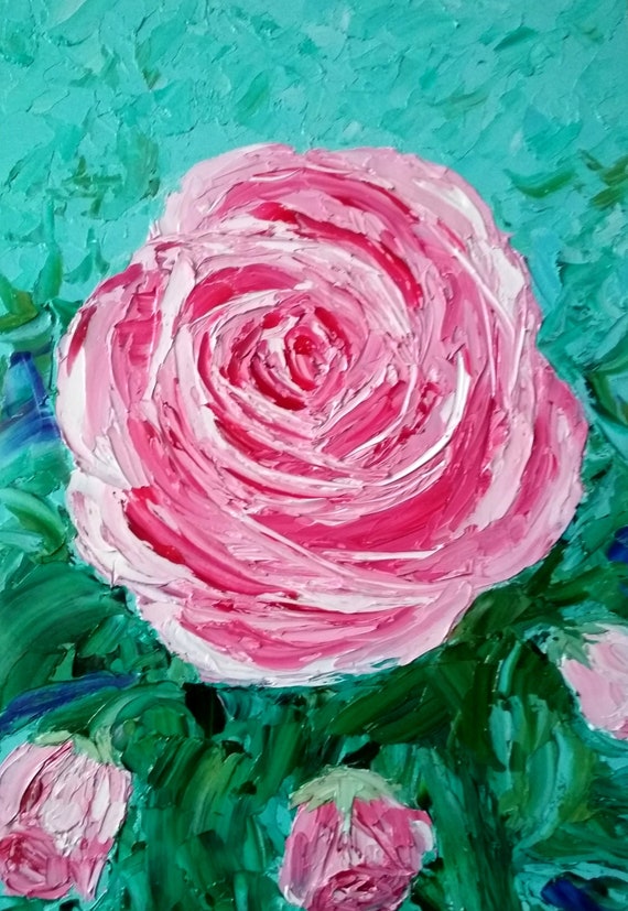 Pink Rose Painting Original Art Colorful Impasto Pink Garden | Etsy