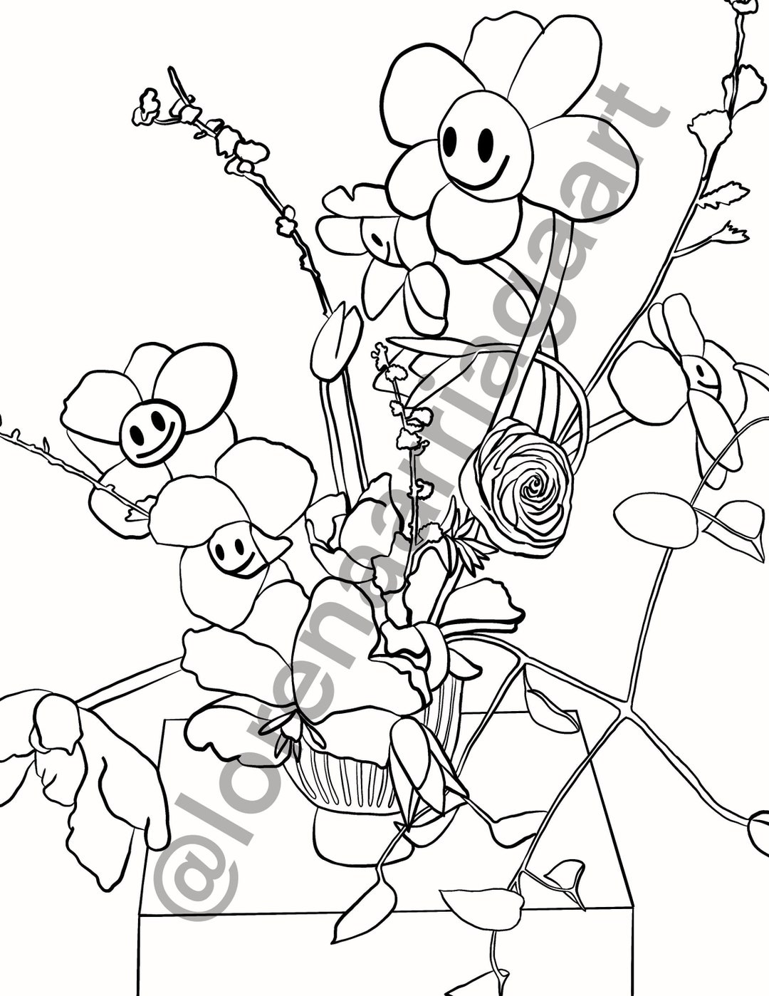 Happy Flowers Coloring Page - Etsy