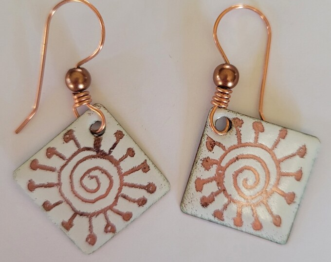 White Enamel On Copper Sgraffito Earrings Etsy
