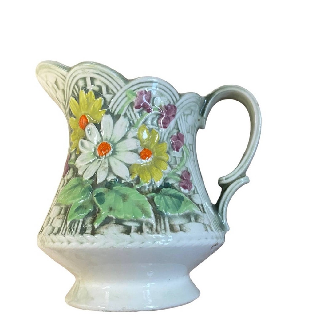 Vintage Relpo Ceramic Porcelain Pitcher #6532 Basket/flowers Majolica ...