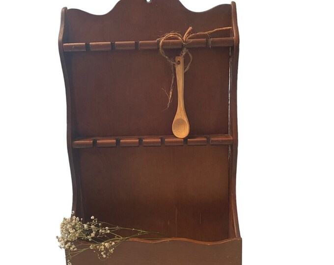 Vintage Wood Souvenir Spoon Rack 12 Slots Wall Shelf Bottom Tray ...