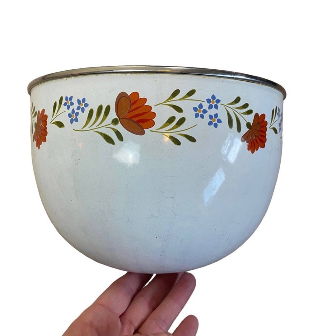 Vintage MCM 1970's Kobe Kitchen Mixing Bowl Enamel White Floral - Etsy