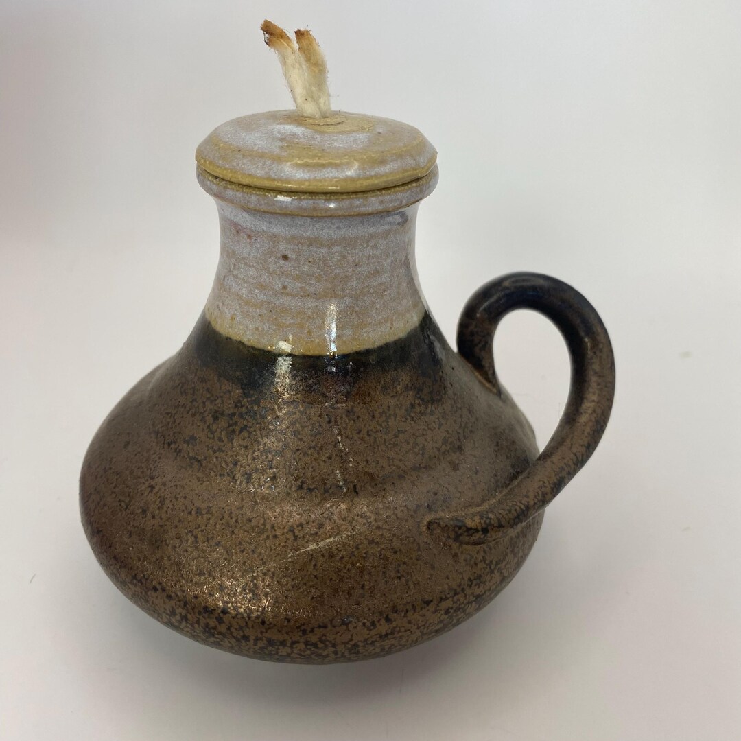 Vintage Pottery Oil Lamp / Small Studio Pottery Oil Lamp / Speckled ...