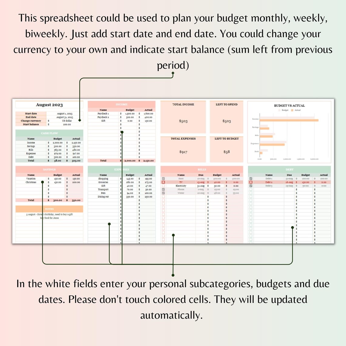 Budget Spreadsheet for Google Sheets Financial Planner for - Etsy