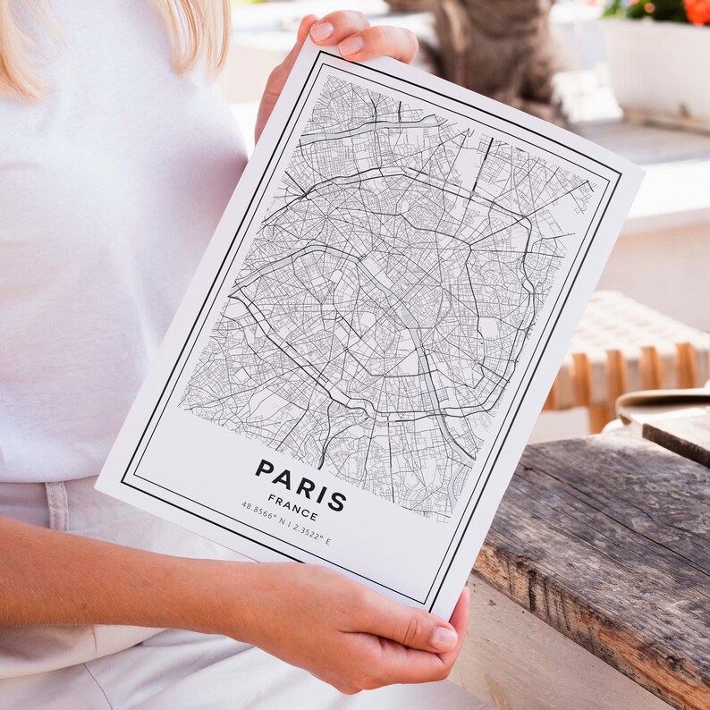 Mapa de la ciudad de París Imprimir regalo personalizado Mapa de calles ...