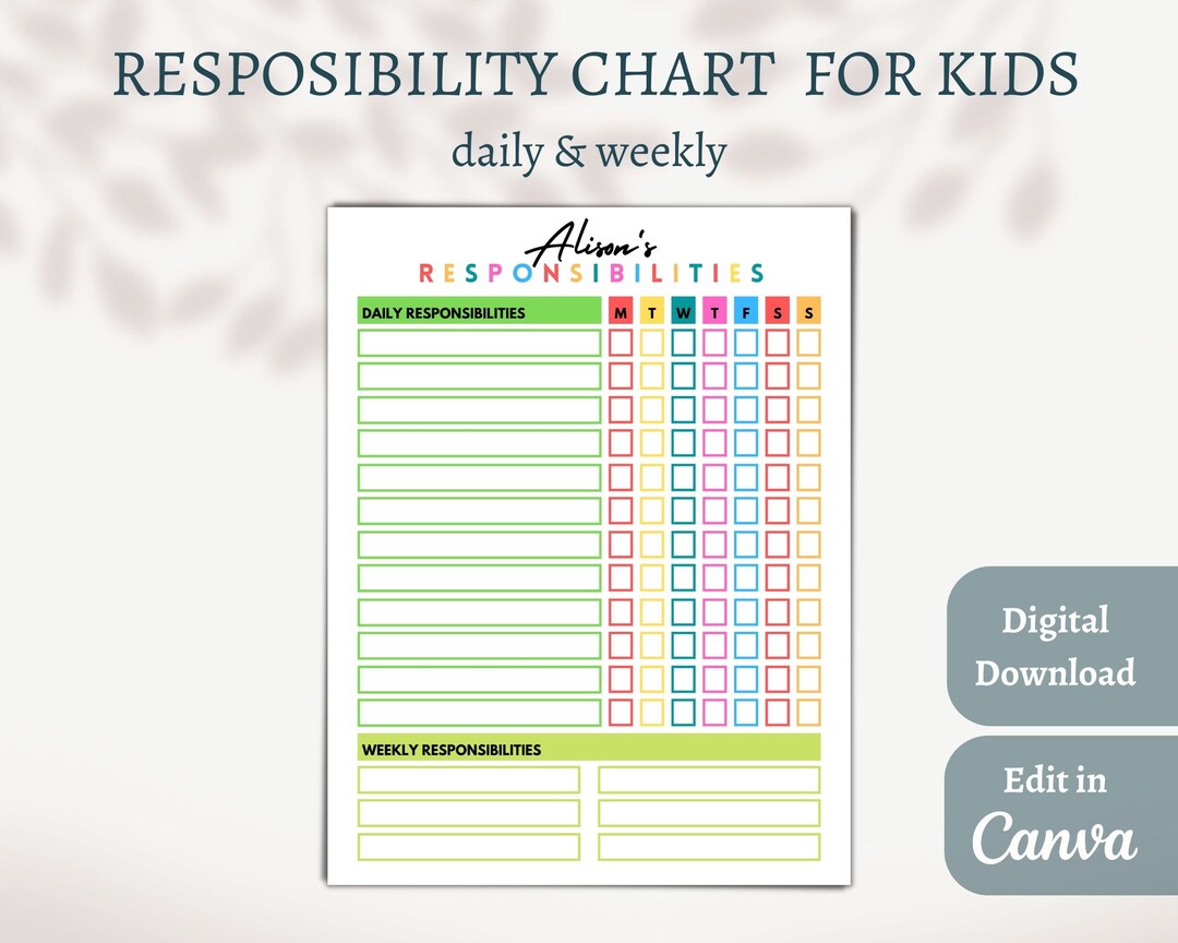 Editable Chore Chart for Kids Weekly Responsibility Chart Digital ...
