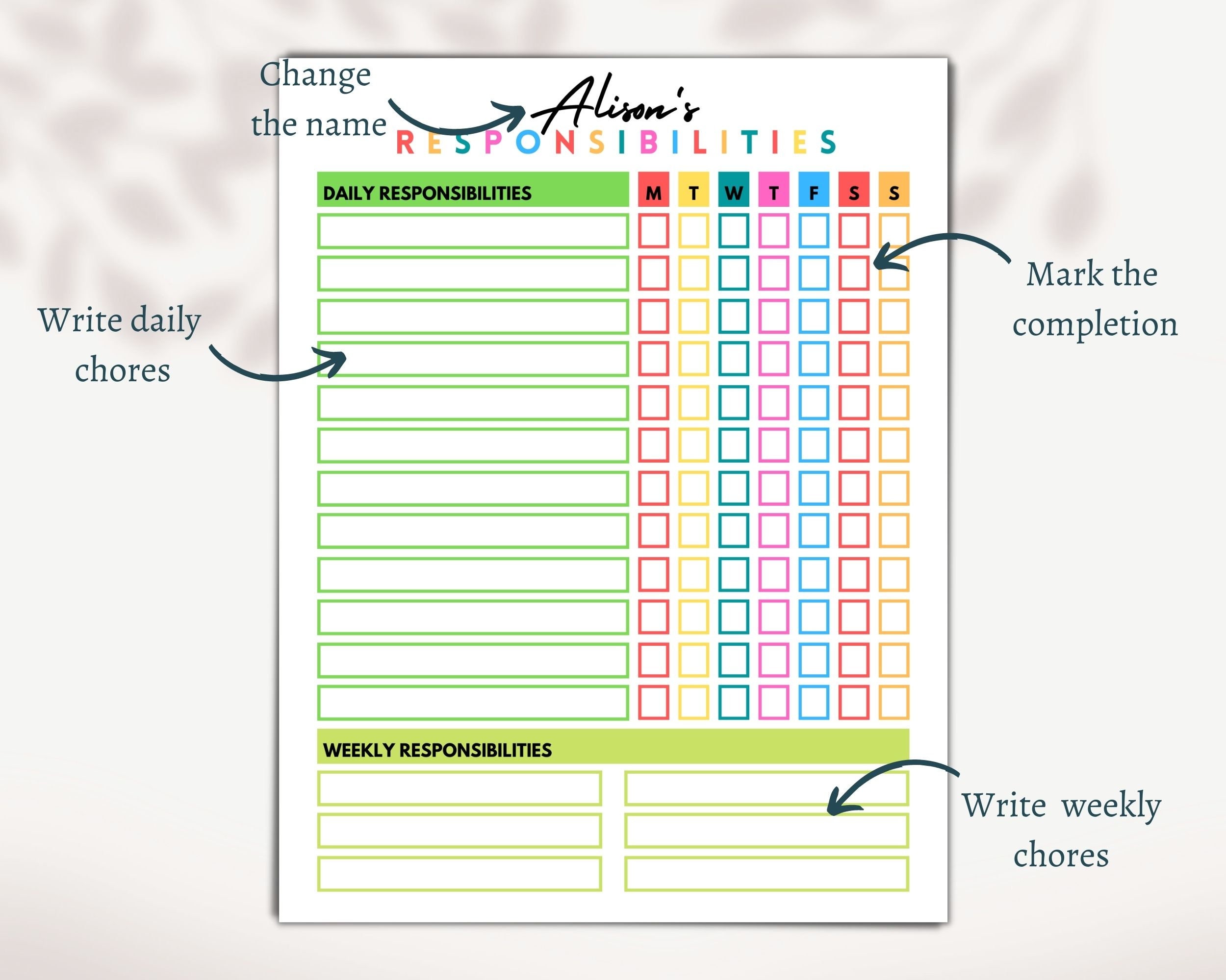 Editable Chore Chart for Kids Weekly Responsibility Chart Digital ...