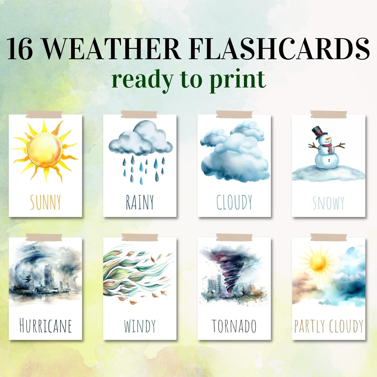 16 Weather Printable Flash Cards for Kids Preschool Watercolor Cards ...