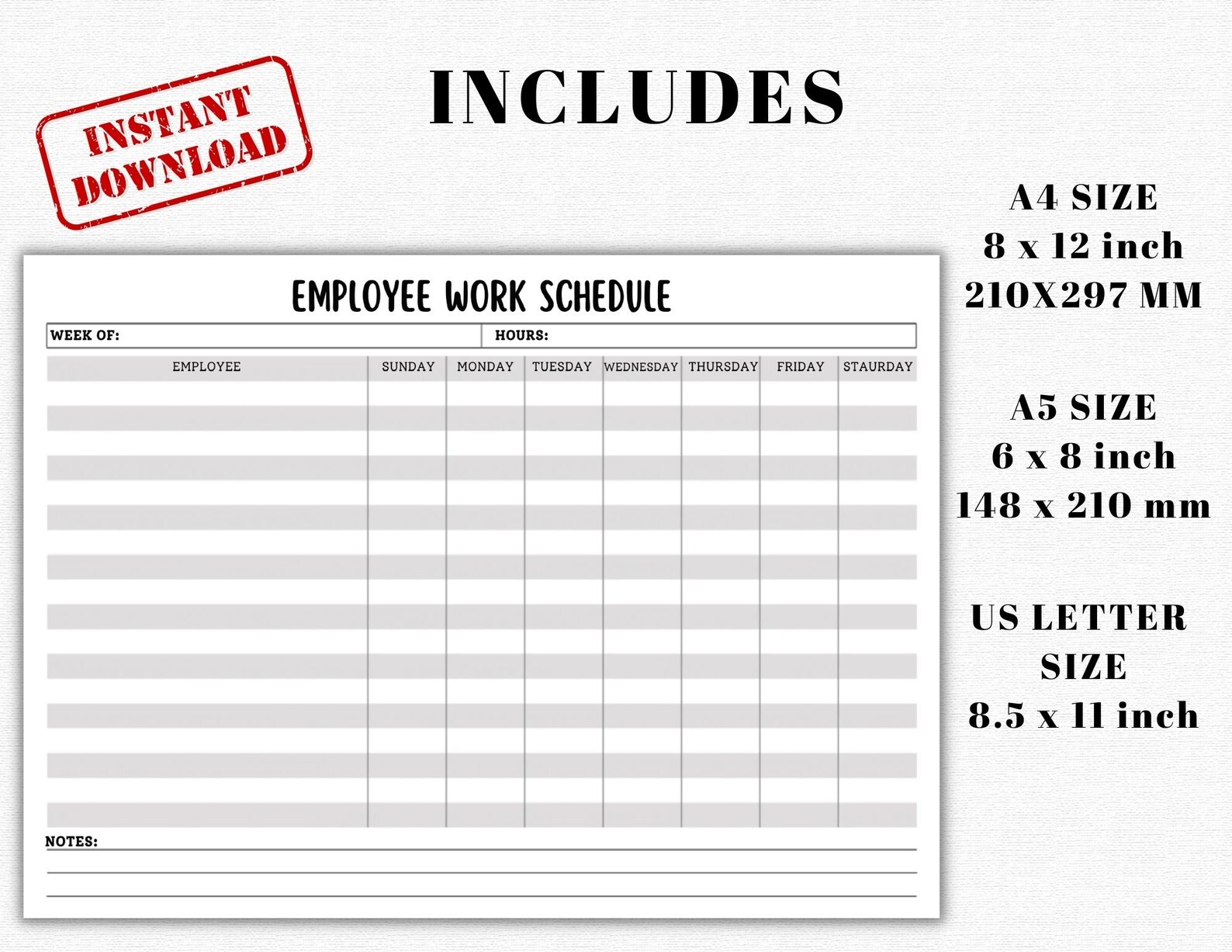 Employee Weekly Work Schedule Employee Time Sheet Staff - Etsy