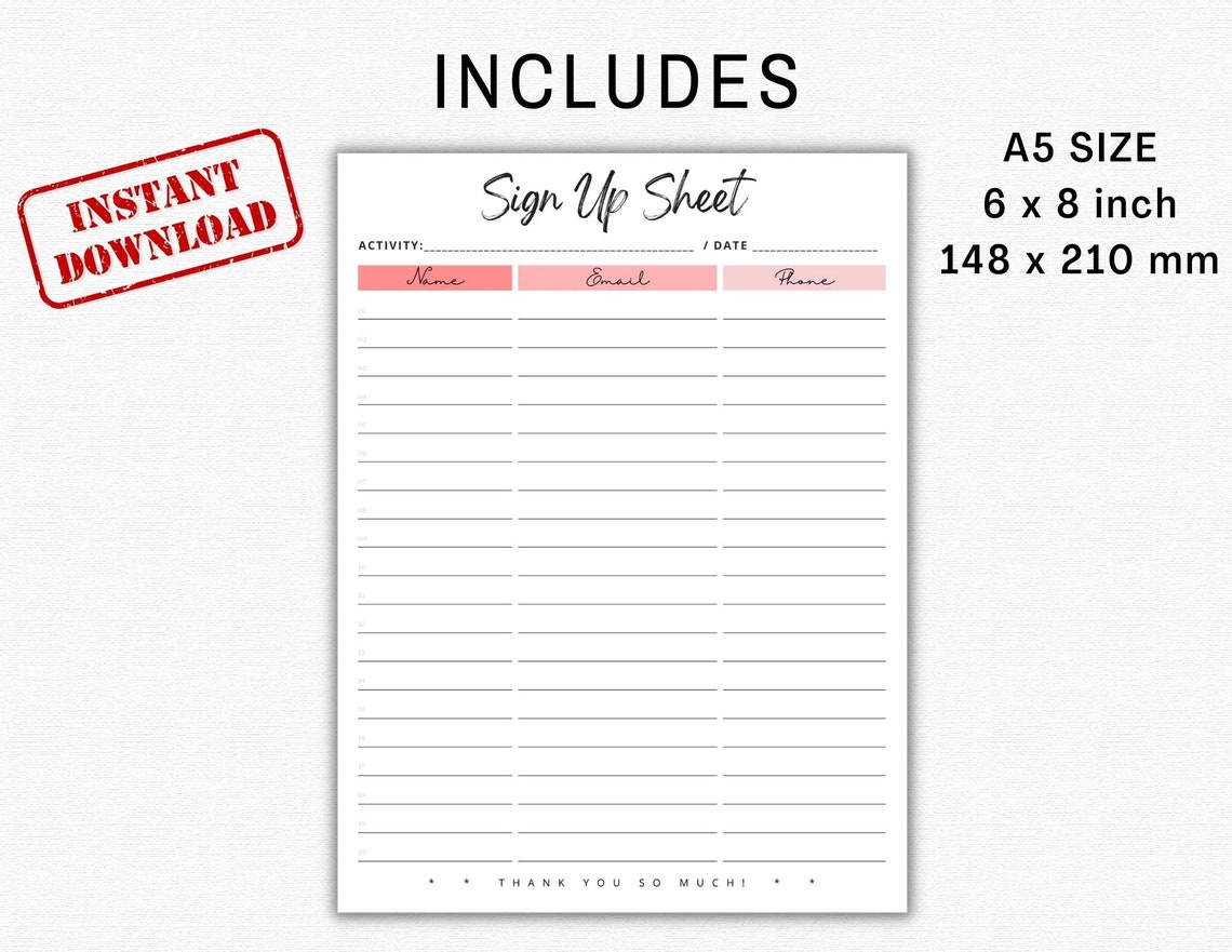 Editable Sign up Sheet Minimalist Sign up Form PRINTABLE - Etsy