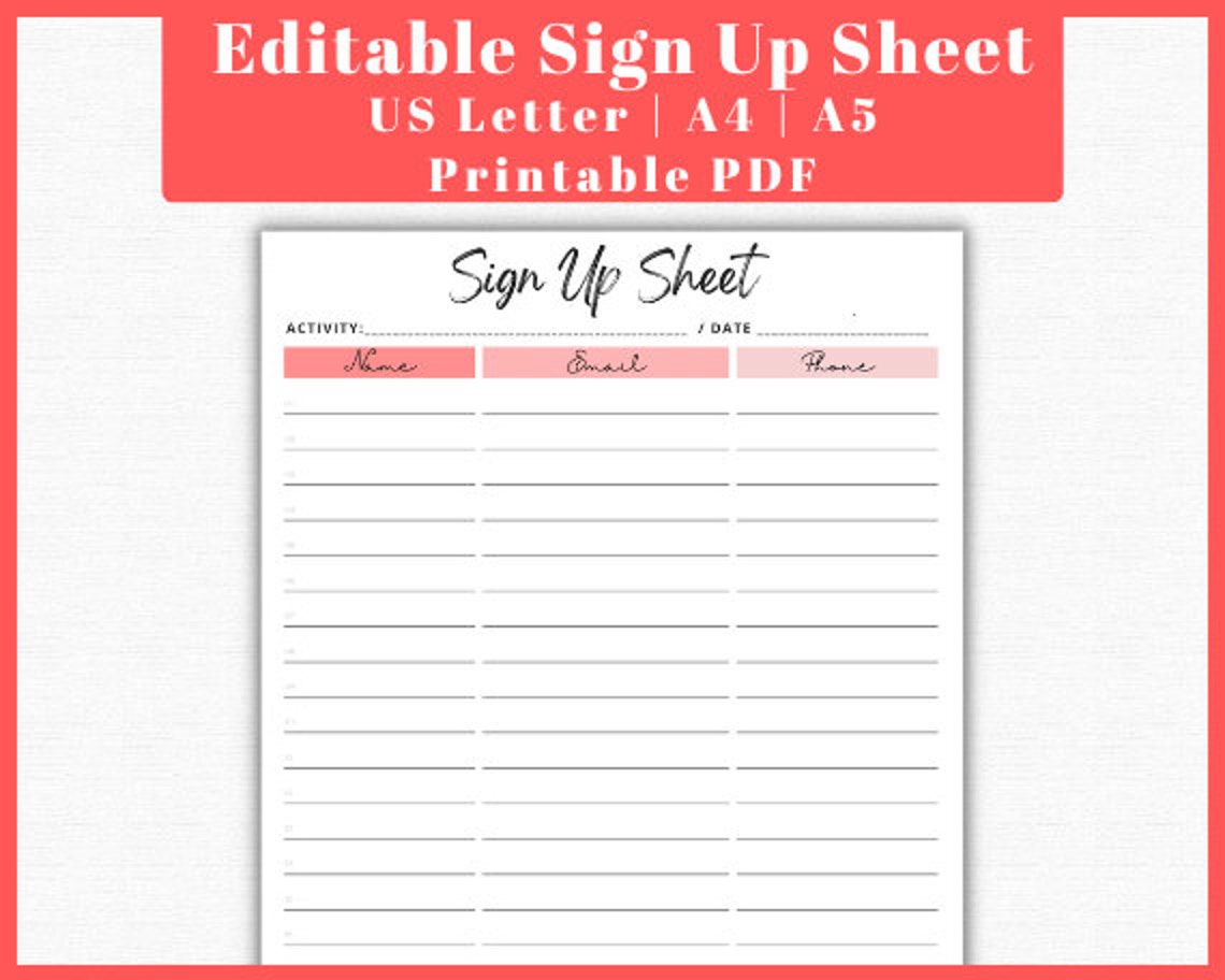 Editable Sign up Sheet Minimalist Sign up Form PRINTABLE - Etsy