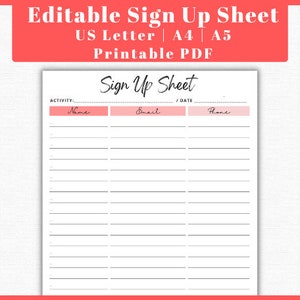 Editable Sign up Sheet, Minimalist Sign up Form, PRINTABLE Sign up ...