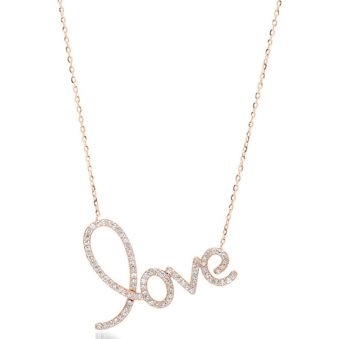 14k Gold Large Diamond Script Handwritten LOVE Necklace - Etsy