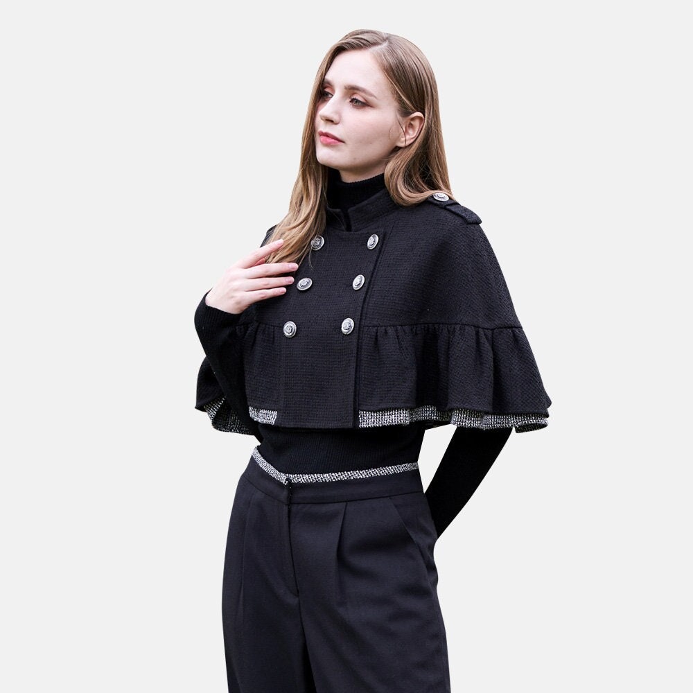 Black Tweed Double Button Short Cape, LBYL, Made in Korea - Etsy