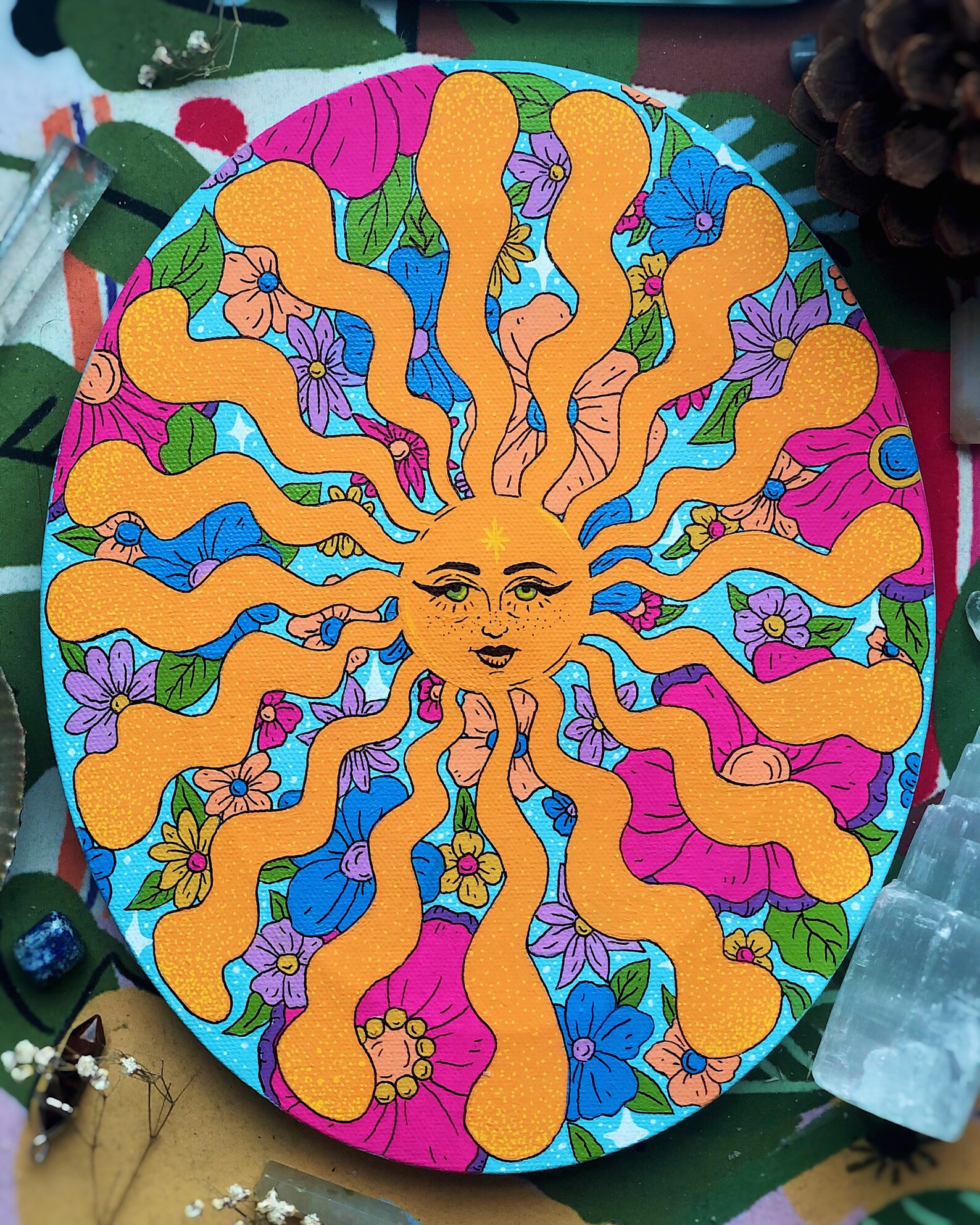 Funky Psychedelic Sun Painting Retro Botanical Art Handmade Maximalist ...