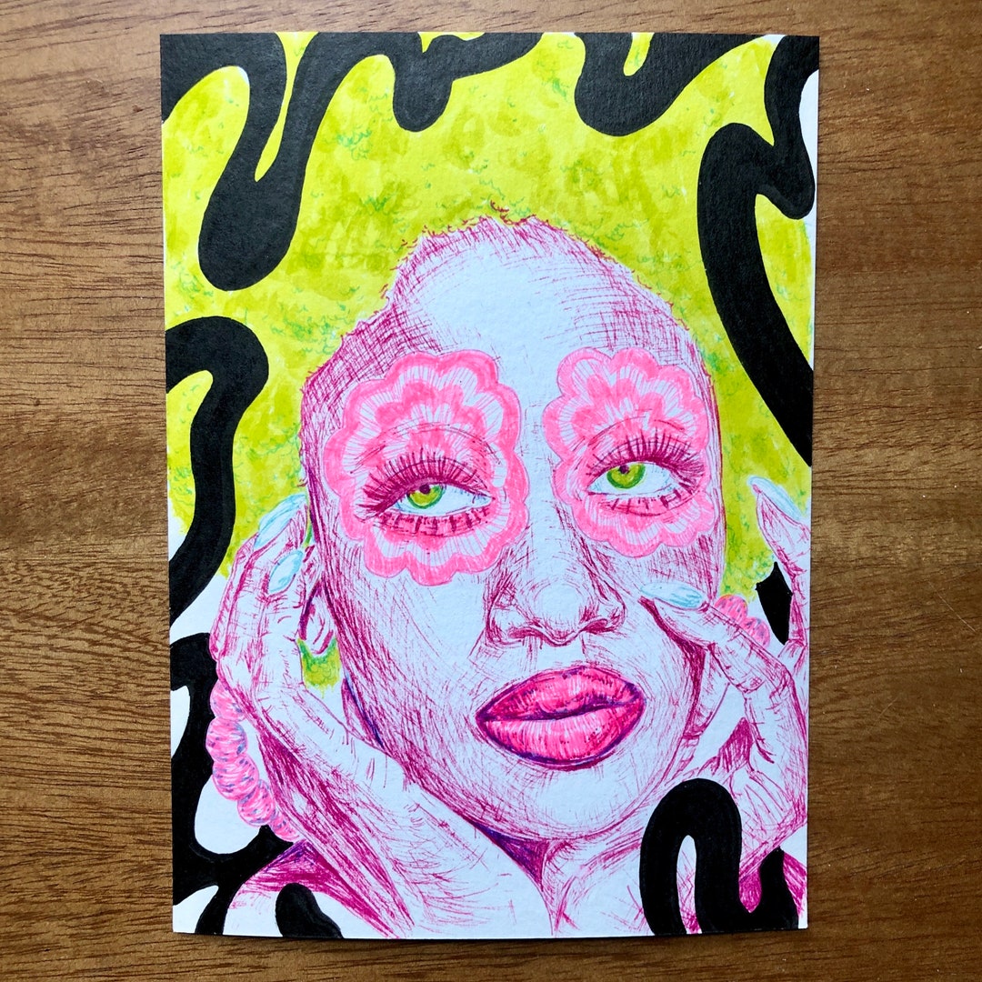 Funky Portrait Drawing Retro Bright Colors Abstract and Floral Weird ...