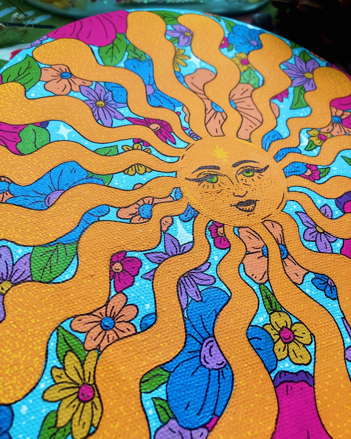 Funky Psychedelic Sun Painting Retro Botanical Art Handmade Maximalist ...