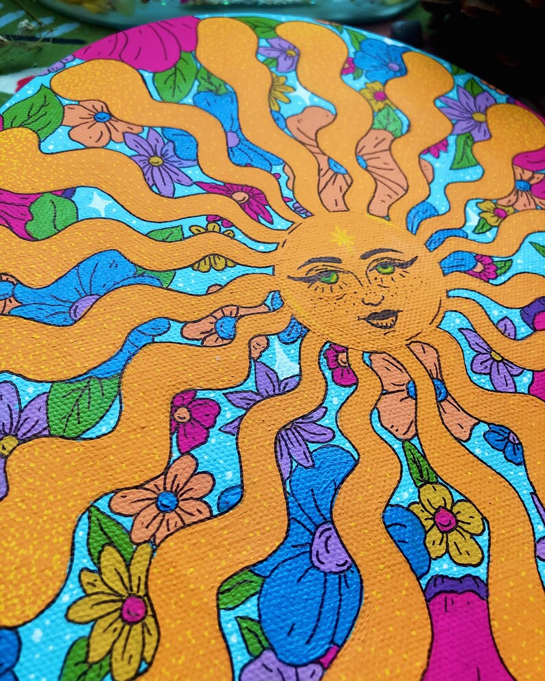 Funky Psychedelic Sun Painting Retro Botanical Art Handmade Maximalist ...