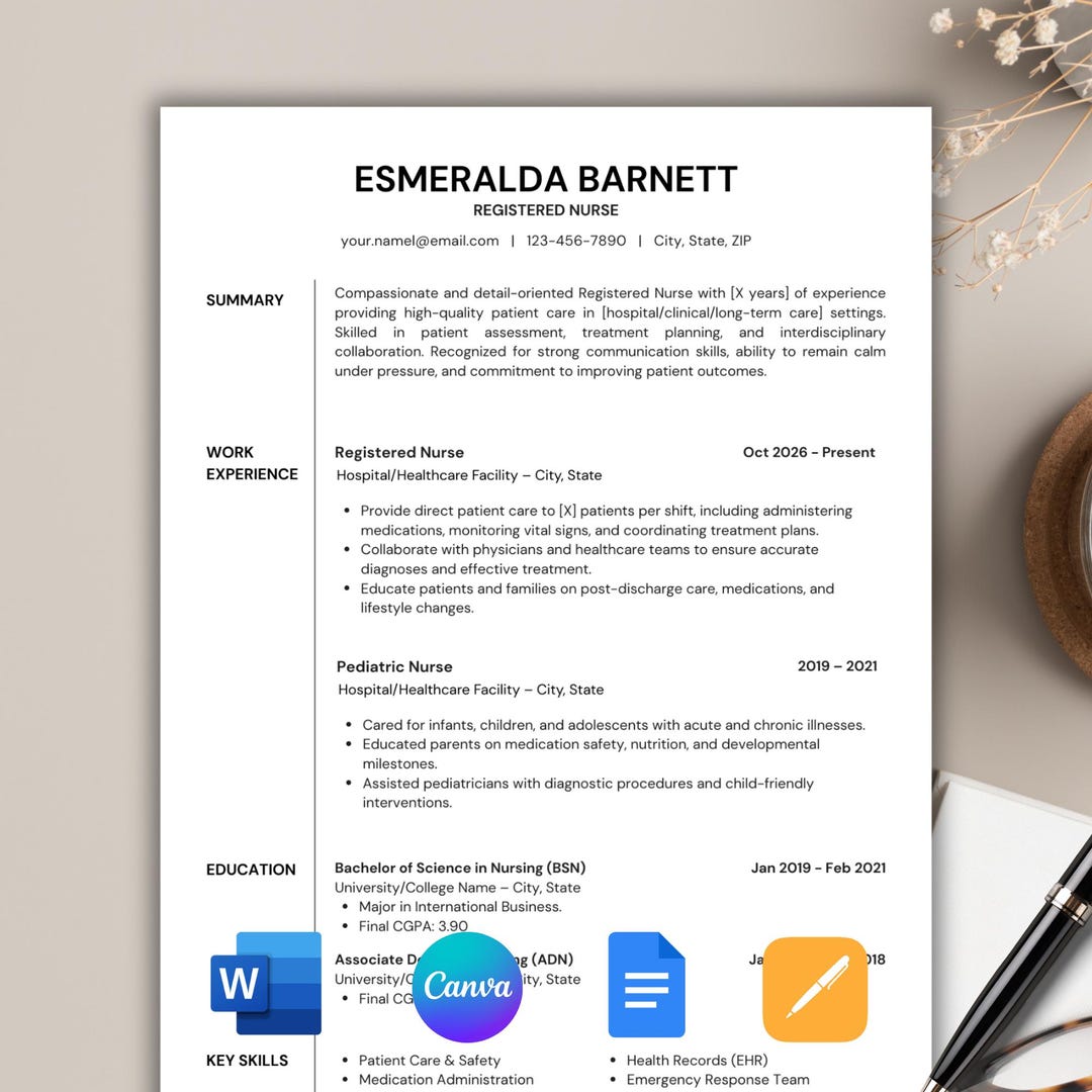 Nurse Resume Template, RN, CNA, Travel Nurse (google Docs, Word, Canva ...
