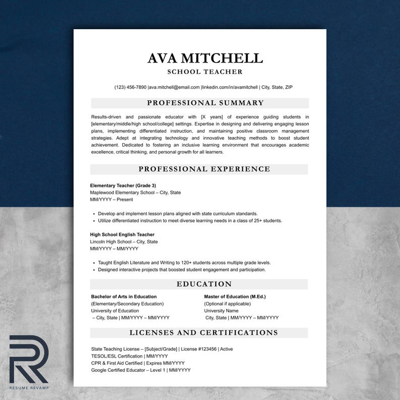 ATS Teacher Resume Word Template, Teacher Resume Google Docs, Education ...