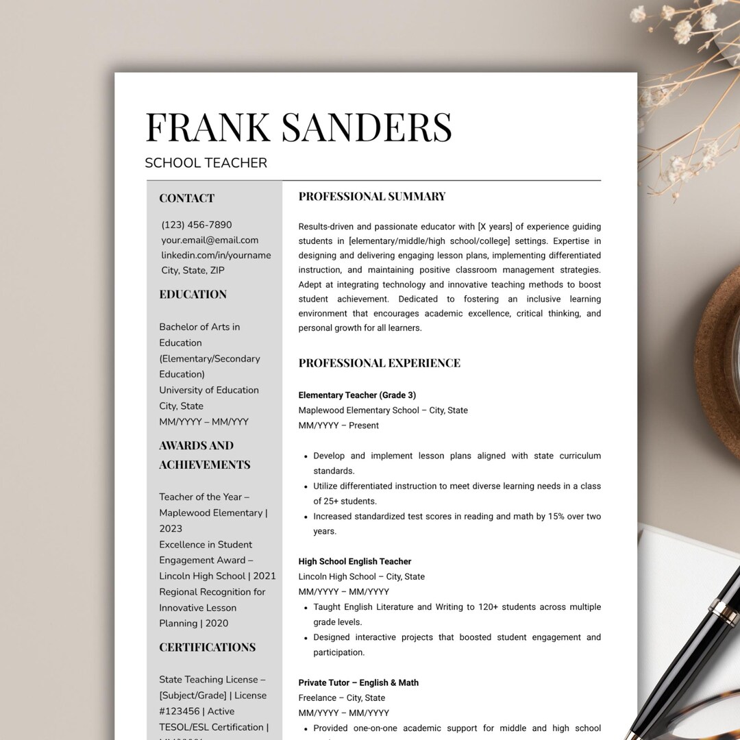 Teacher Resume Template, Modern Editable Design (google Docs, Word ...
