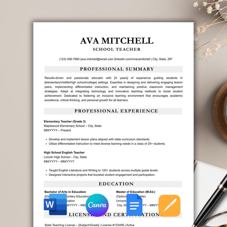 ATS Teacher Resume Google Docs, Teacher Resume Template Word, Cover ...
