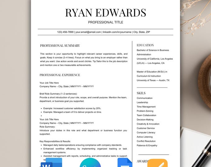 Executive Resume Template Word, Resume Pages, Google Docs CV Template ...