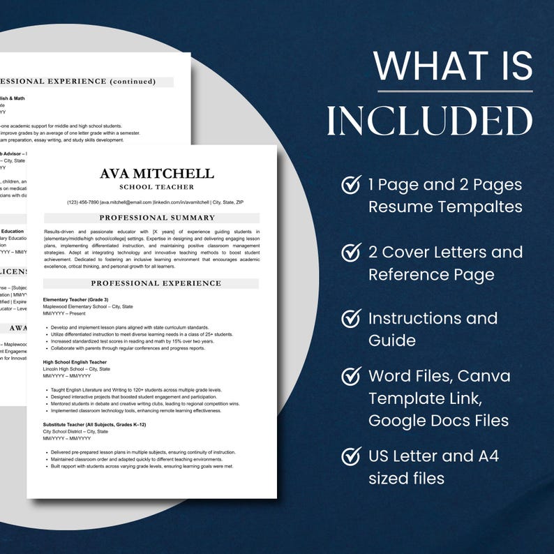 ATS Teacher Resume Word Template, Teacher Resume Google Docs, Education ...