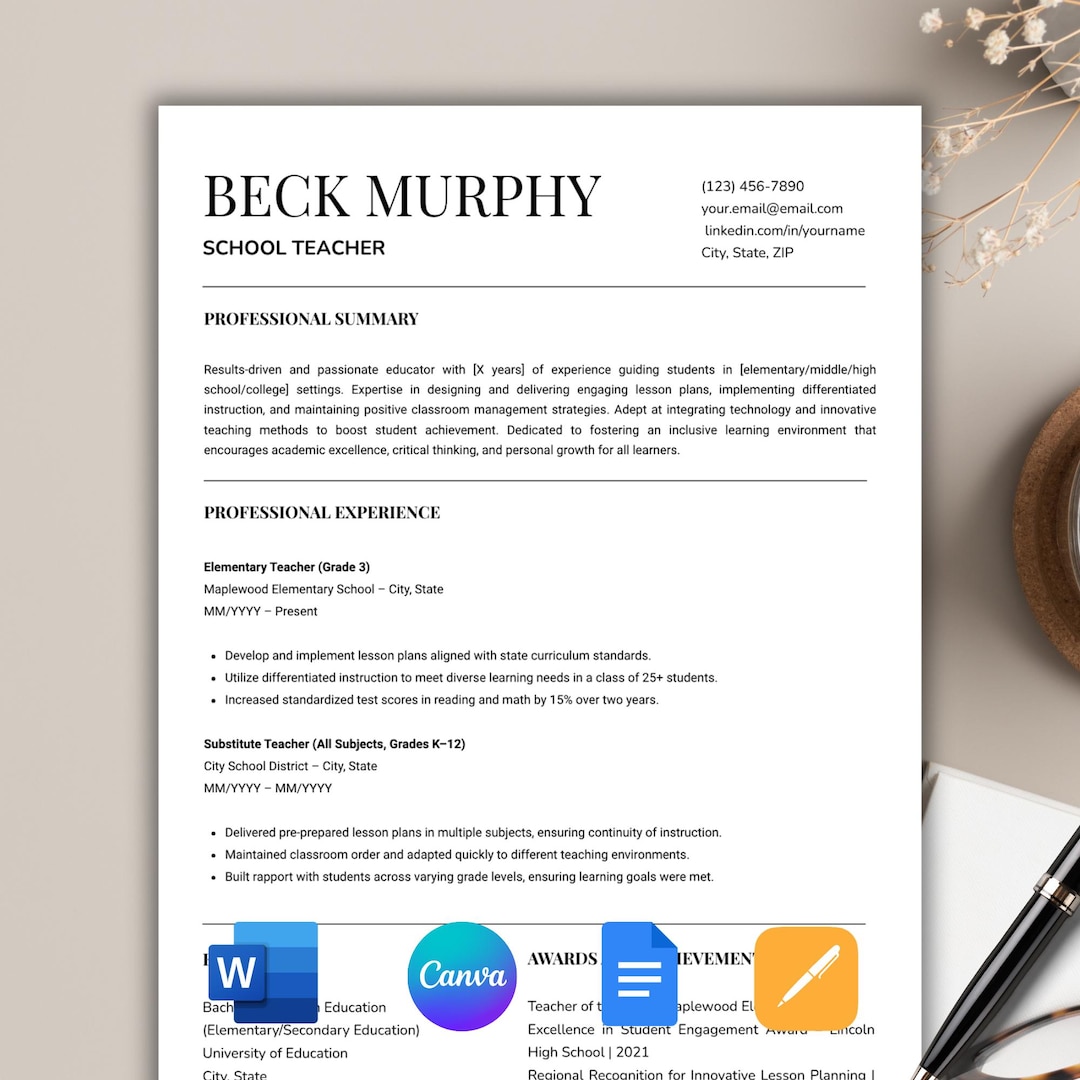 Teacher Resume Template, Modern Cover Letter Teacher Resume, References ...