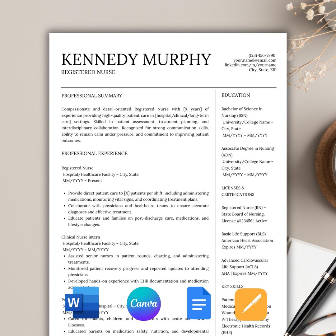 ATS Nurse Resume Template, Cover Letter, RN, Nursing CV (digital ...