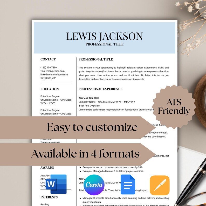 ATS Resume Template, Cover Letter, Word, Google Docs, Canva (digital ...