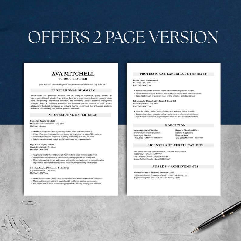 ATS Teacher Resume Word Template, Teacher Resume Google Docs, Education ...