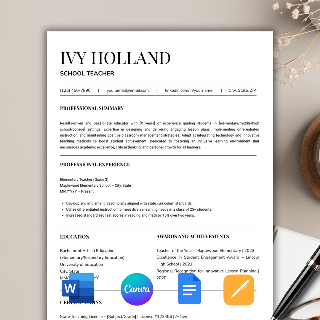 Teacher Resume Template Google Docs, ATS Friendly Resume Teacher Word ...