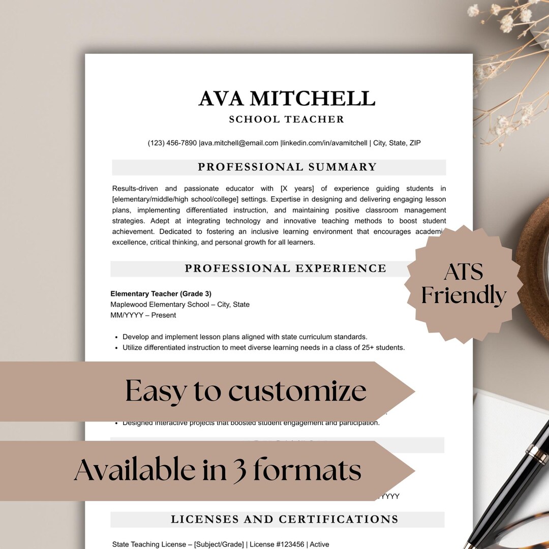 ATS Teacher Resume Google Docs, Teacher Resume Template Word, Cover ...