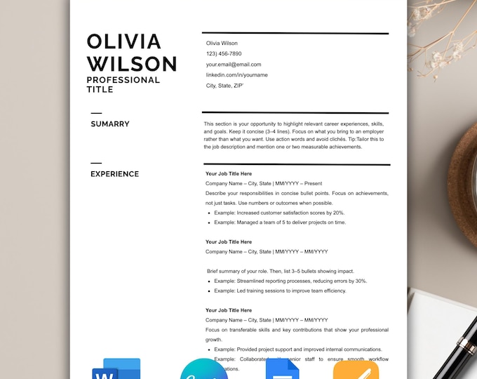 Simple Resume Template Word, Apple Pages, Google Docs, Modern Resume ...