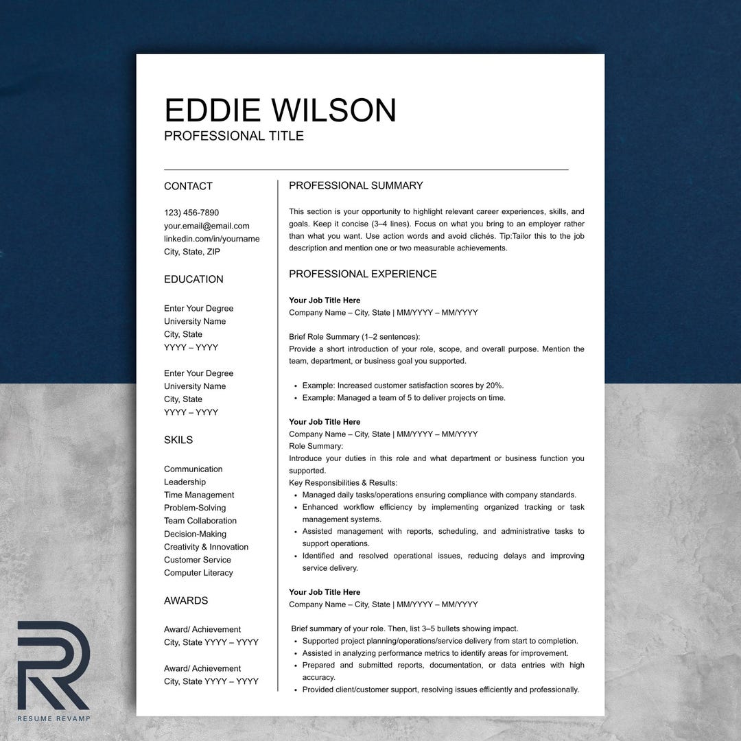 Simple Professional Resume Google Docs Template, Editable Resume Word ...