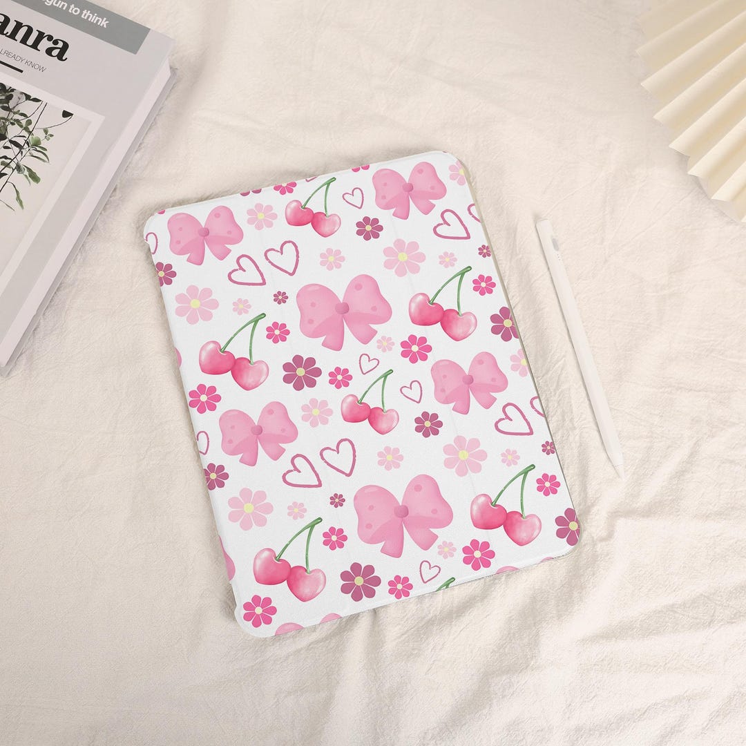 Pink Bow and Cherries iPad Case With Pencil Holder for iPad 10.9" 10.2 ...