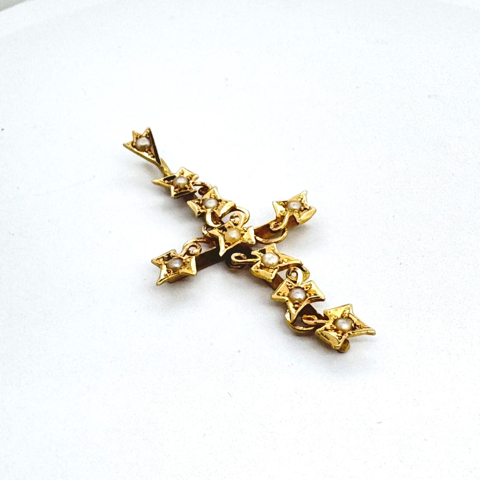 Antique 15k Gold Cross Pendant, Ivy Leaf & Seed Pearl Design - Etsy