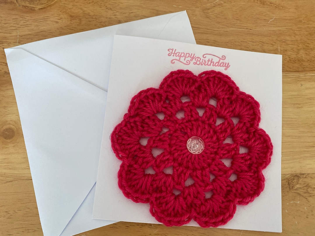 Pink Flower Crochet Birthday Card Handmade Crocheted Card Greetings ...