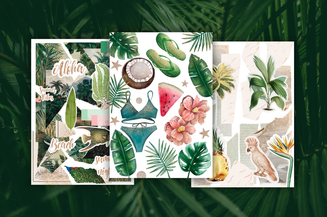 Tropical Beach and Summer Digital Sticker and Ripped Papers Set for ...