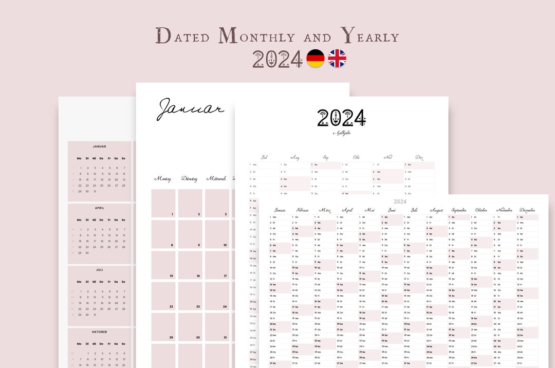 ENGLISH 2024 Yearly Overview and Monthly Overviews A4 Dated and Undated ...
