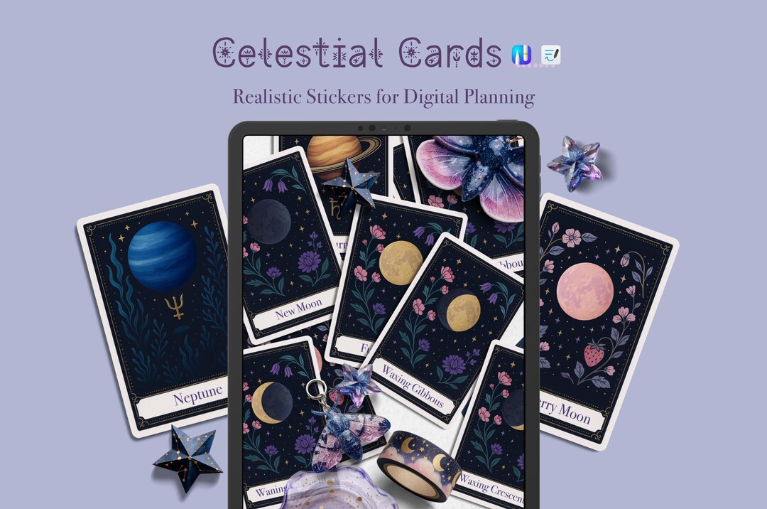 Celestial Cards and Moon Phases - Realistic Digital Stickers, PNG and ...