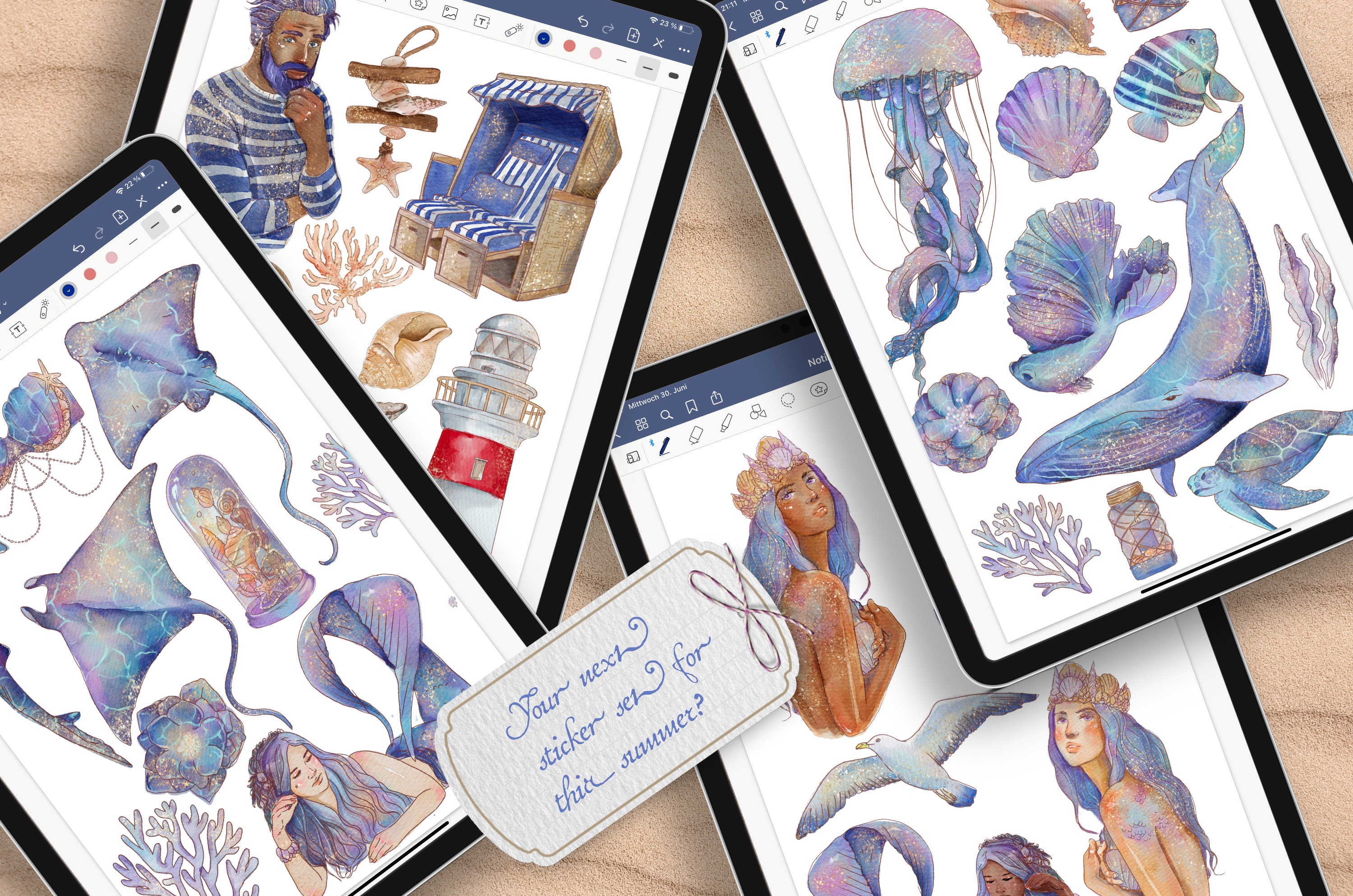 Underwater Mermaid and Beach Digital Stickers for Goodnotes - Etsy